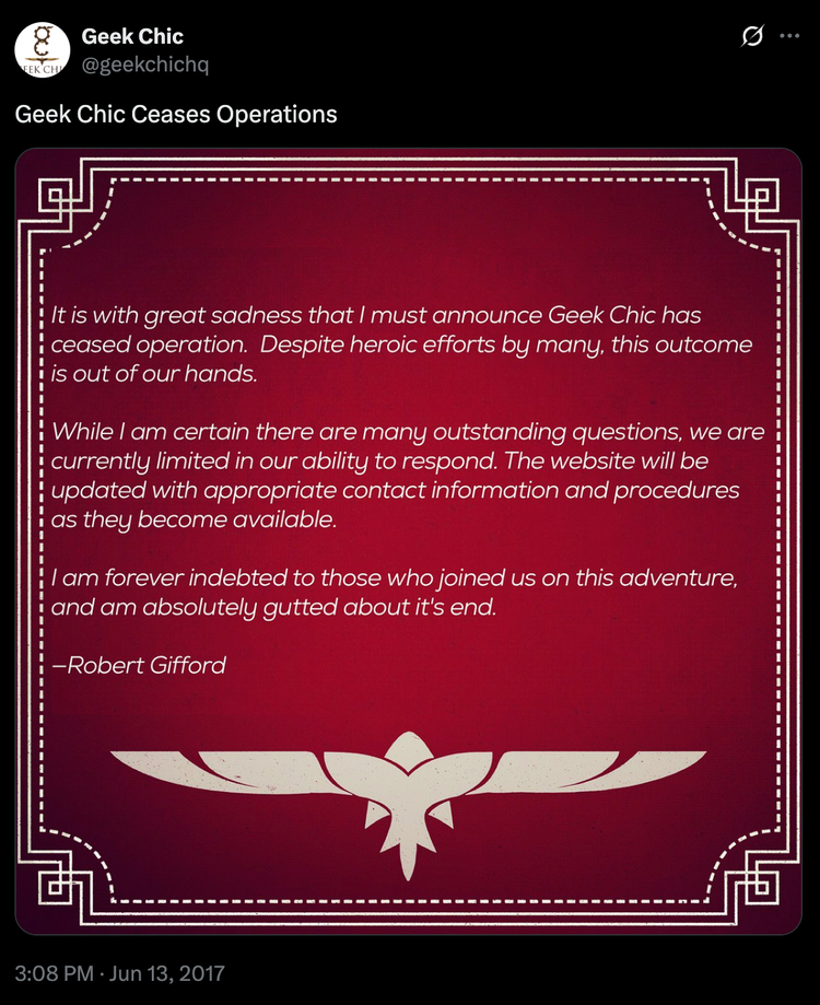 Geek Chic, maker of exquisite gaming tables, has gone out of business