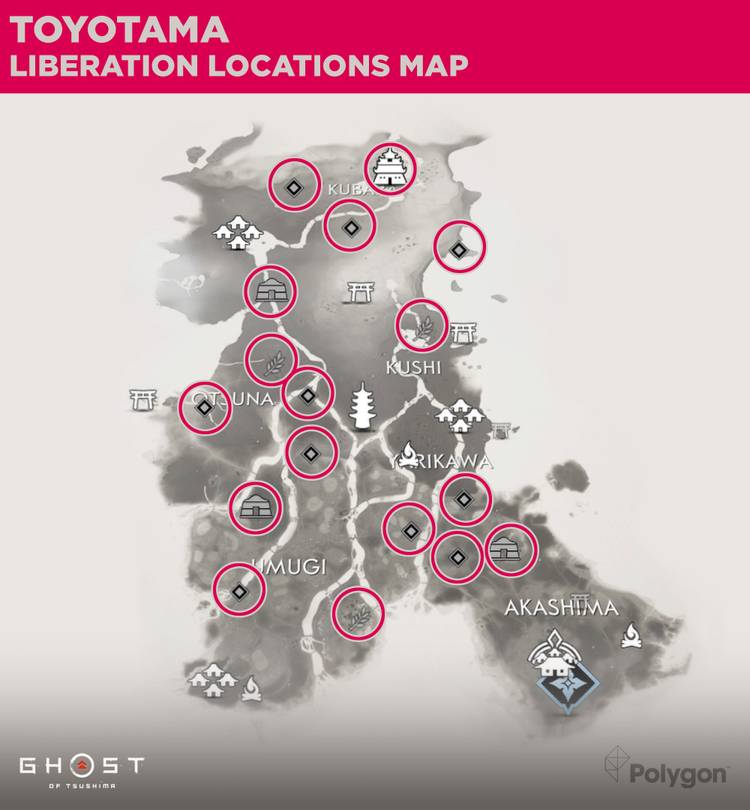 Ghost of Tsushima Toyotama liberation locations and maps guide