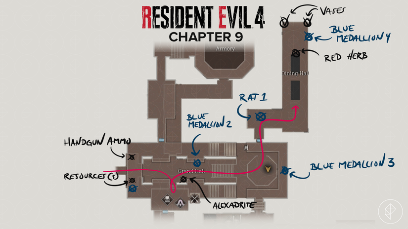 Chapter 9 guide (Grand Hall, Courtyard) in Resident Evil 4 remake