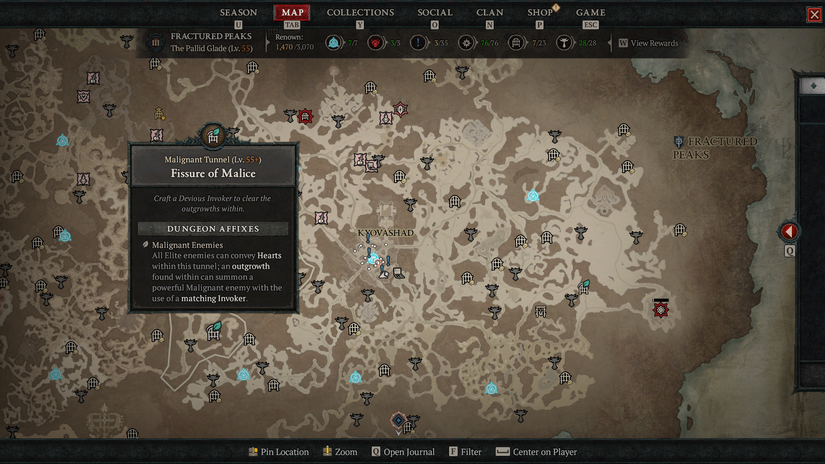 Malignant Tunnel map locations in Diablo 4 season 1