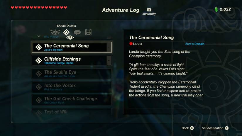 The Ceremonial Song quest (Dagah Keek shrine) in Zelda Breath of the Wild